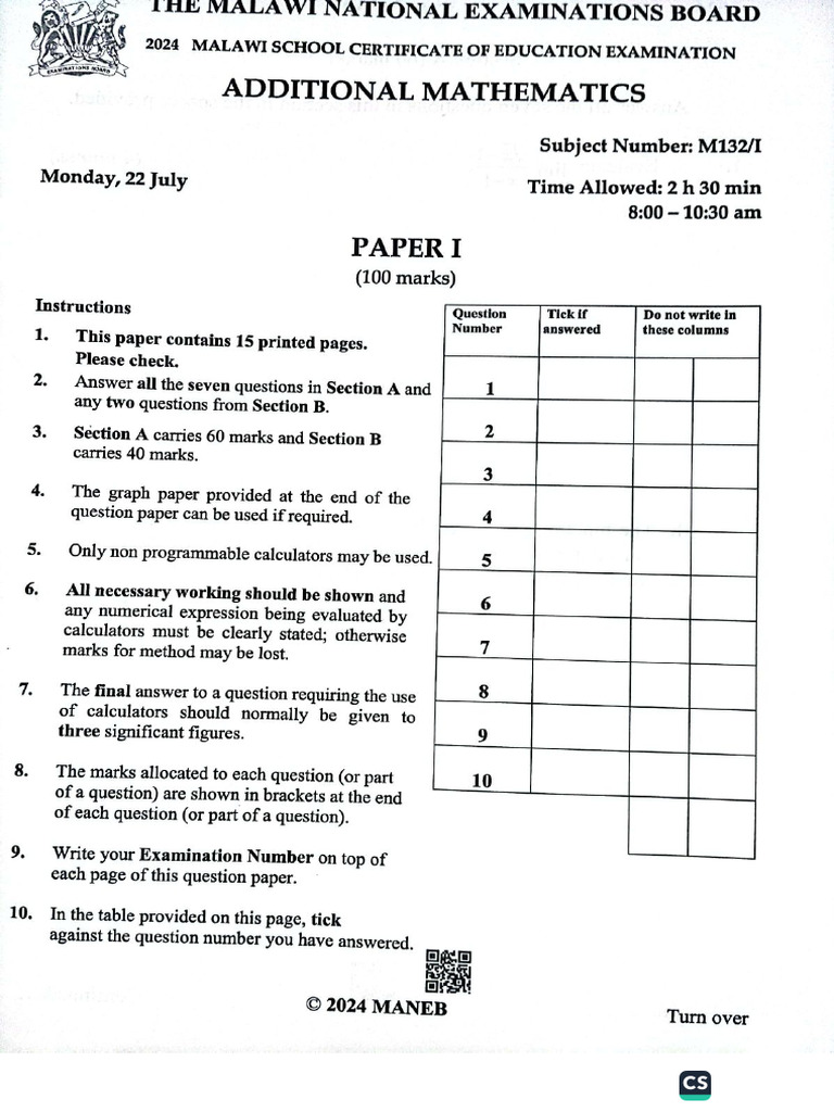 2024 MANEB Additional Mathematics I | PDF