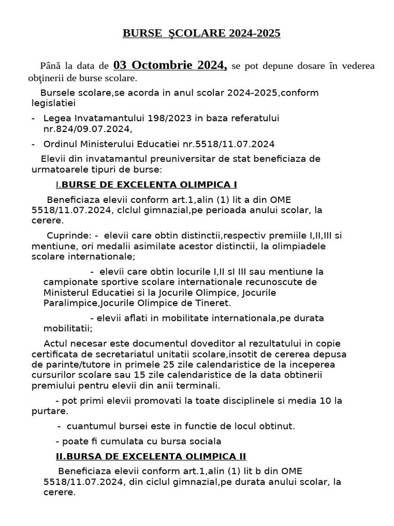 Anunt Burse Şcolare 2024-2025 | PDF