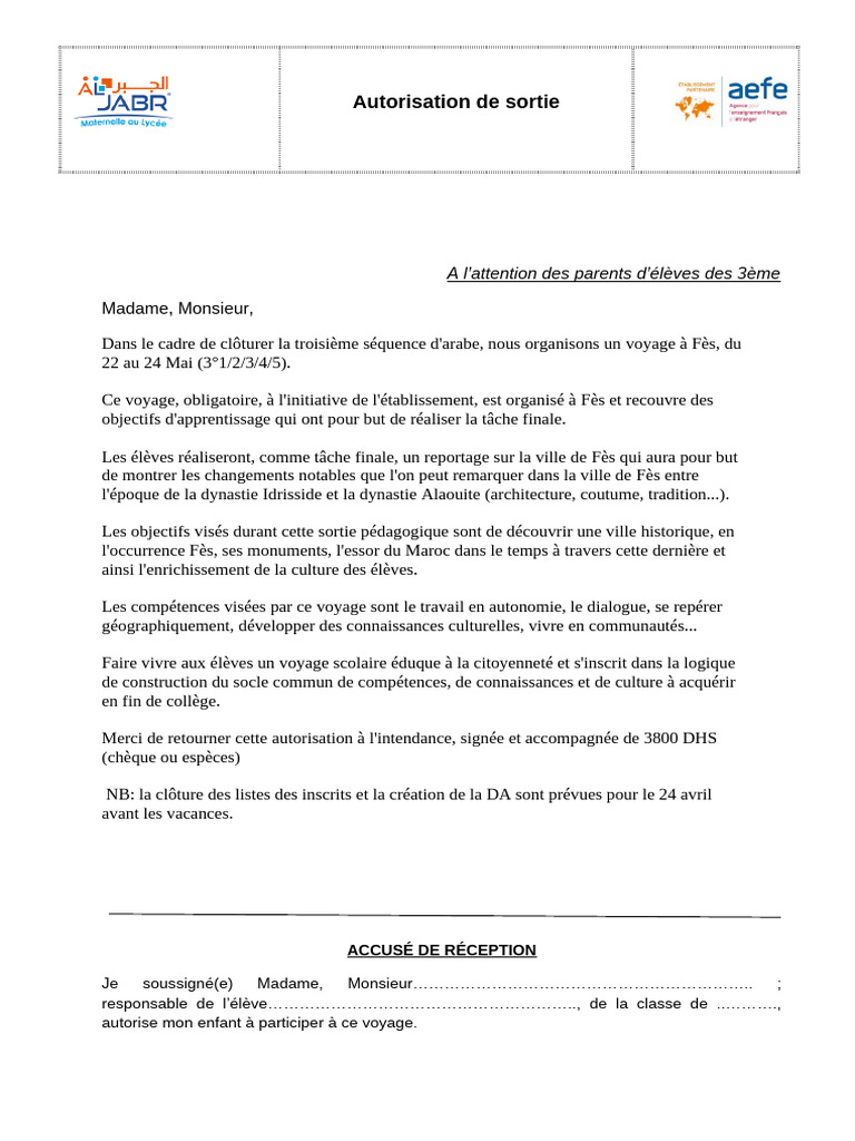 Autorisation Sortie Fes 3è | PDF