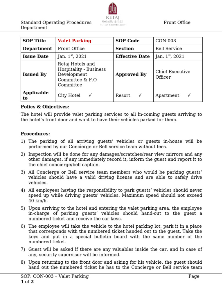 Valet Parking SOP for Hotels | PDF | Vehicles | Transport