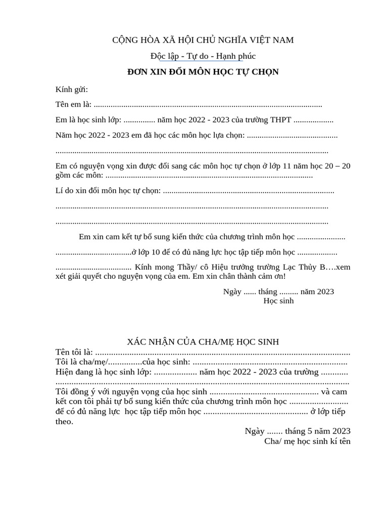 Don Xin Doi Mon Hoc Tu Chon | PDF