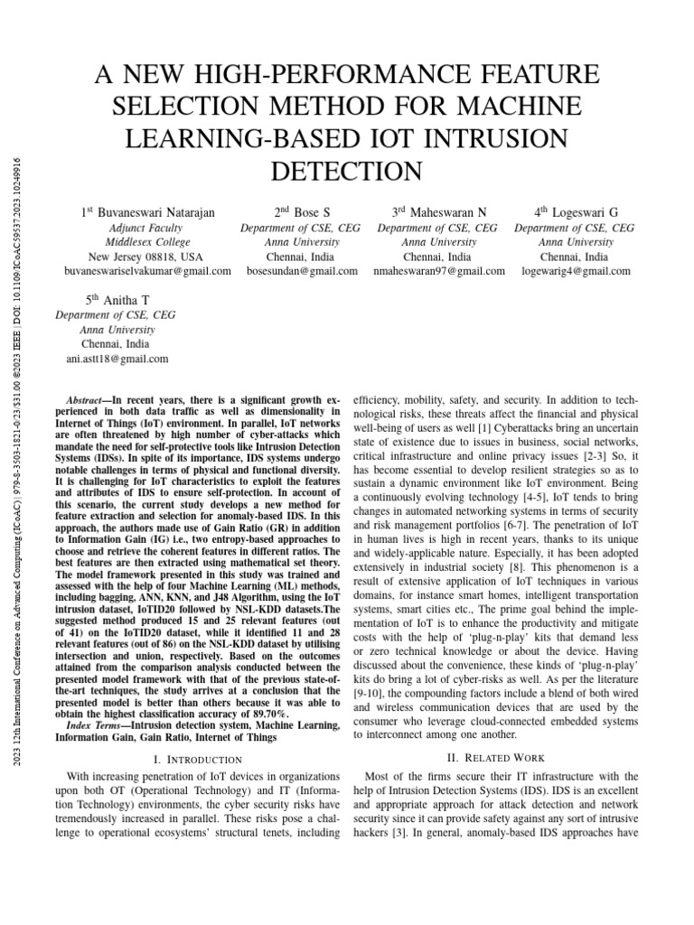 A New High Performance Feature Selection Method For Machine Learning Based Iot Intrusion