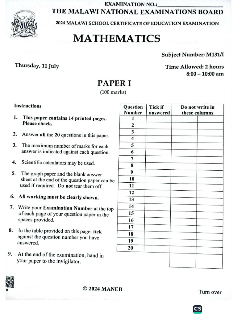 2024 MANEB Mathematics I | PDF