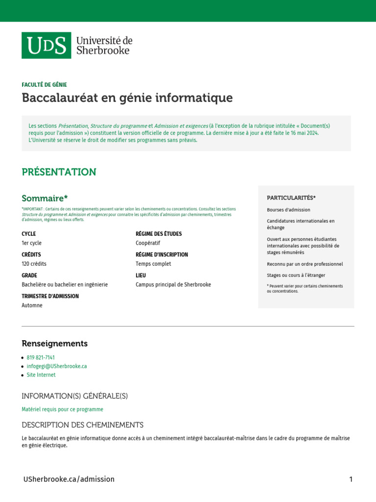 UdeS Programme 236 Baccalaureat en Genie Informatique | PDF