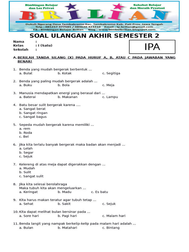 Soal UAS IPA Kelas 1 SD Semester 2 | PDF