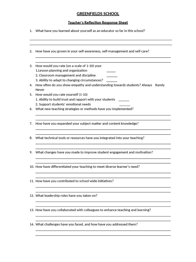 Teacher's Self Assessment Sheet | PDF