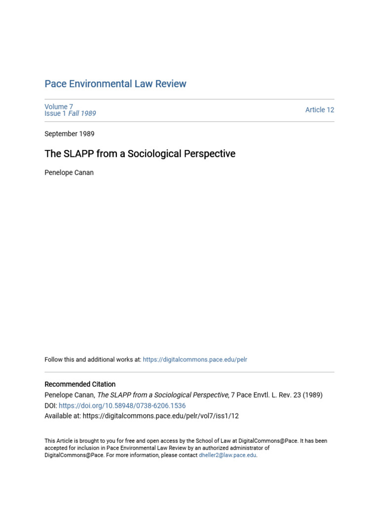 The SLAPP From A Sociological Perspective By. Penelope Canan (1989) | PDF