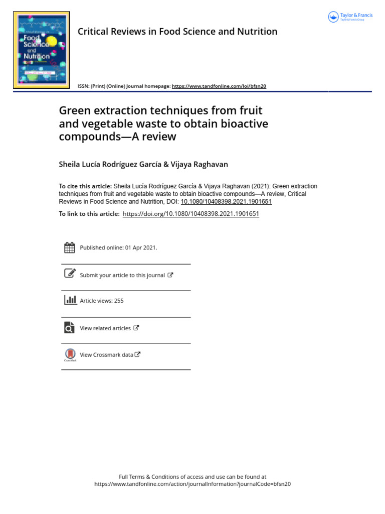Green Extraction Techniques From Fruit and Vegetable Waste To Obtain Bioactive Compounds-A ...