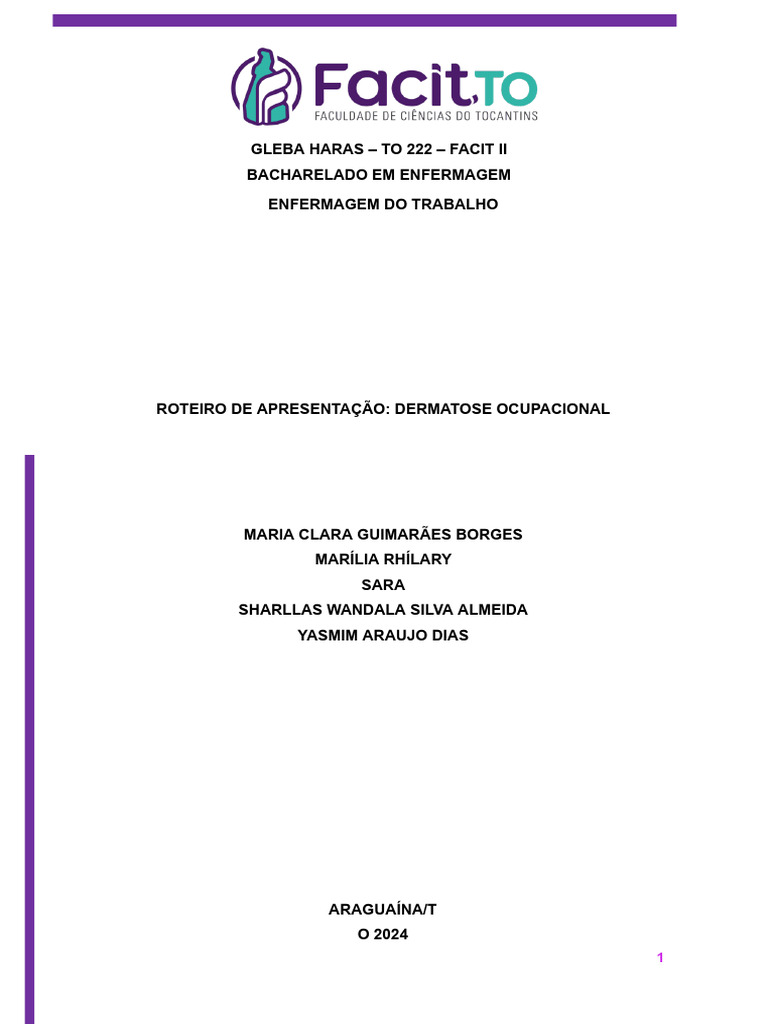ROTEIRO DERMATOSE OCUPACIONAL PDF
