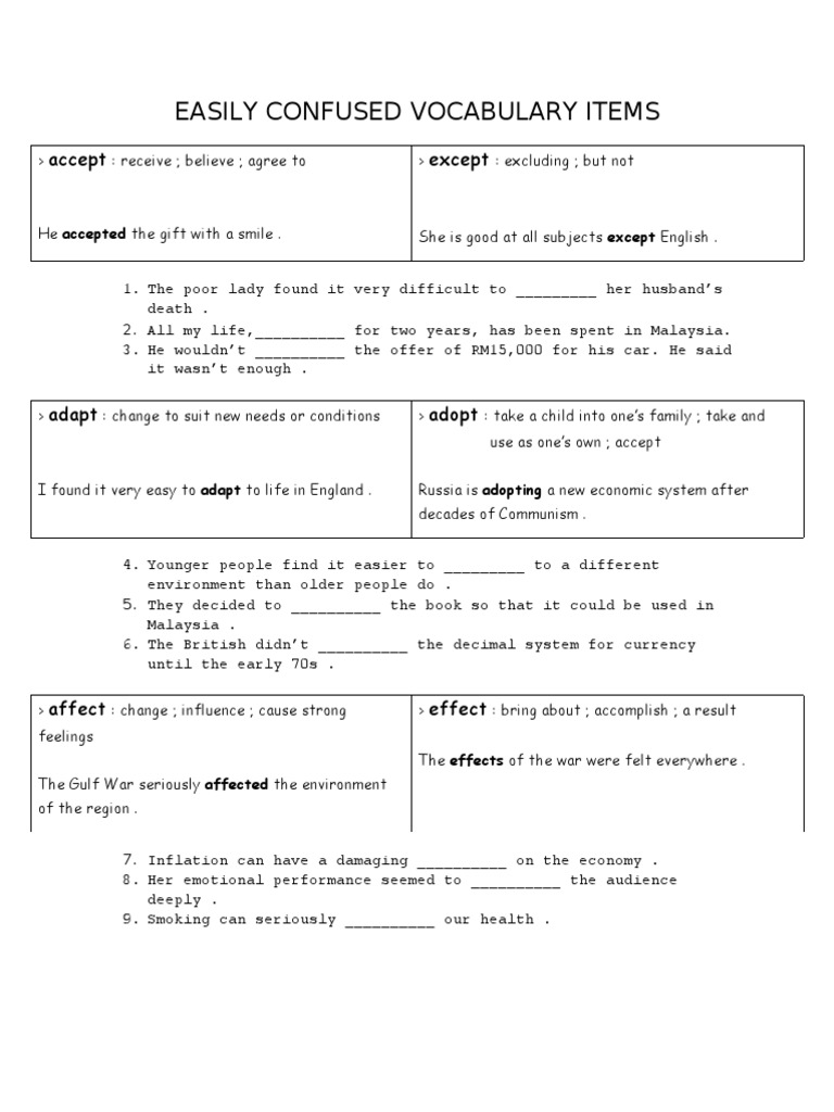 Easily Confused Vocabulary Items | PDF | Clothing