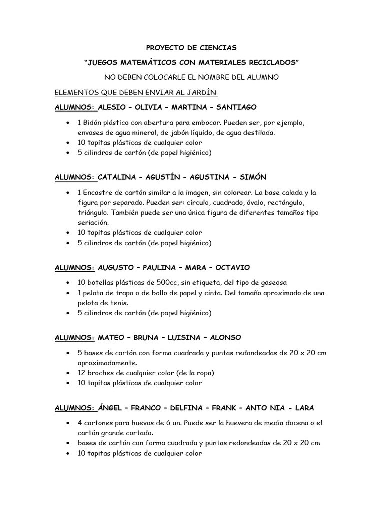 MATERIALES PROYECTO DE CIENCIAS | PDF