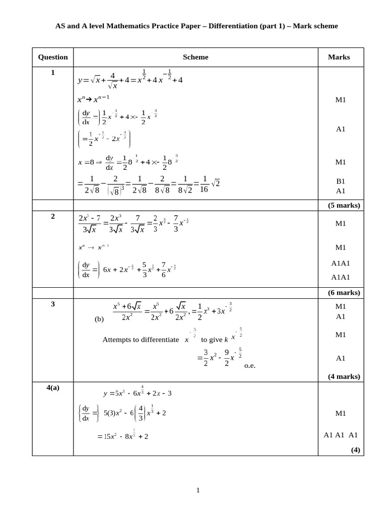 As Mathematics - Practice Paper - Differentiation (Part 1) MS | PDF