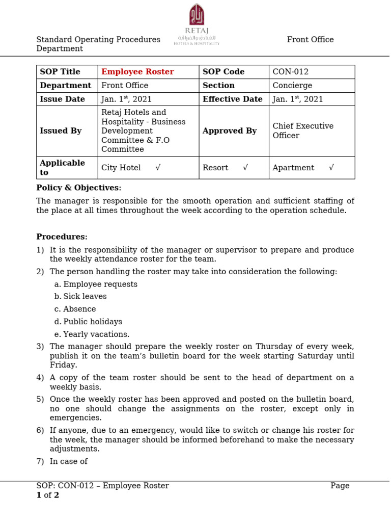 Concierge Employee Roster SOP | PDF