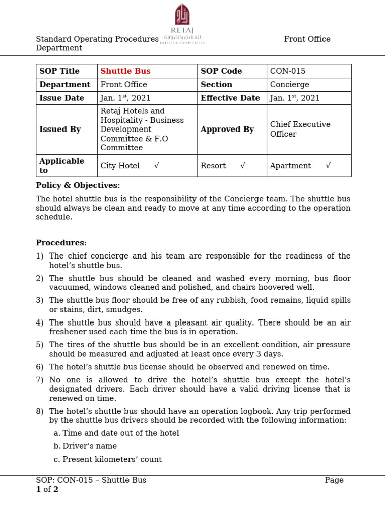 Shuttle Bus SOP: Concierge Guidelines | PDF | Transport | Land Transport