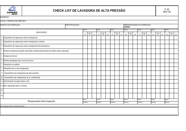 F-20 Check List de Lavadora de Alta Pressão | PDF