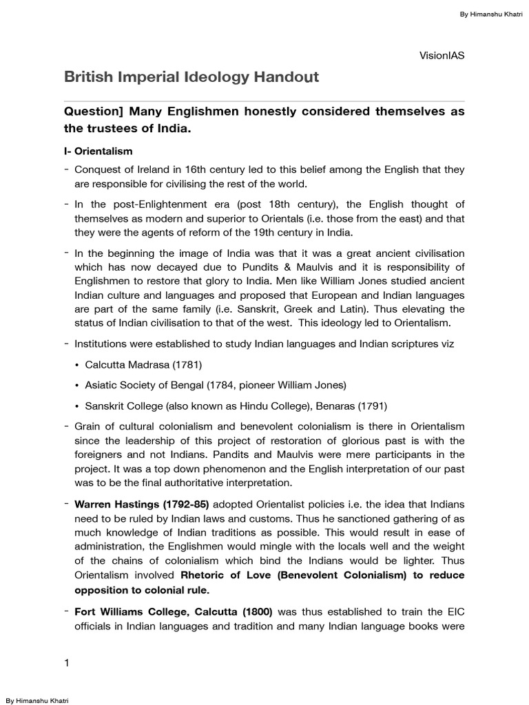 British Imperial Ideology Handout | PDF