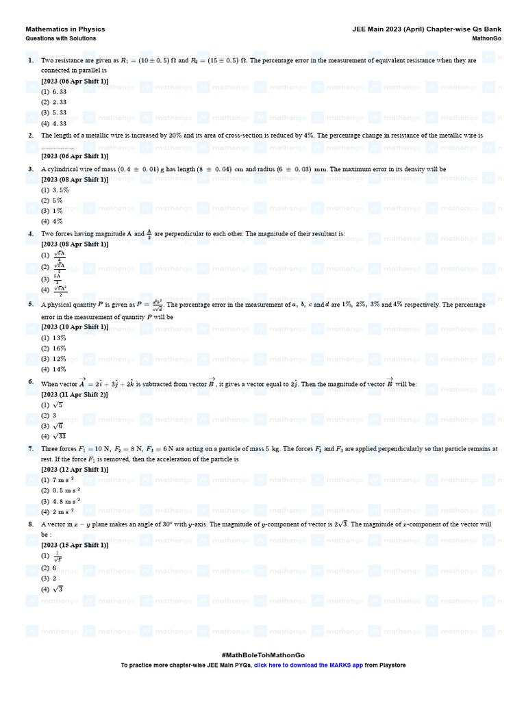 Mathematics in Physics - JEE Main 2023 April Chapterwise PYQ - MathonGo ...