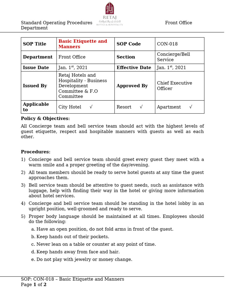(CON-018) Concierge - Basic Etiquette and Manners | PDF