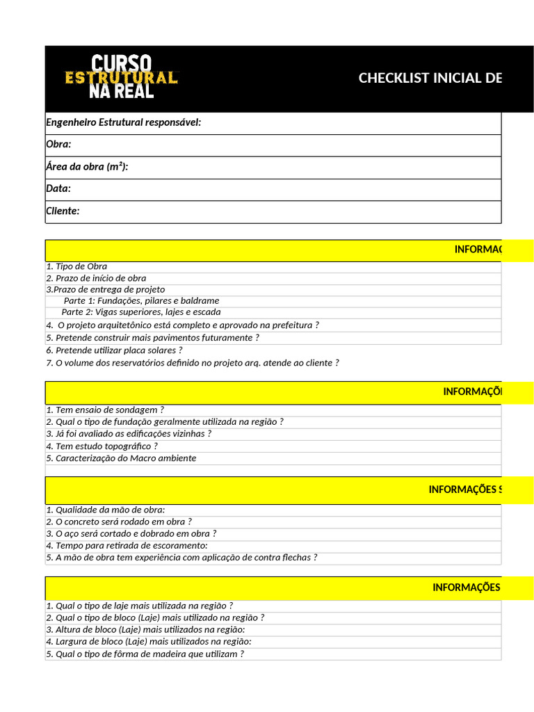 Checklist Inicial de Projeto Estrutural - Eng. Waltner Wagner | PDF