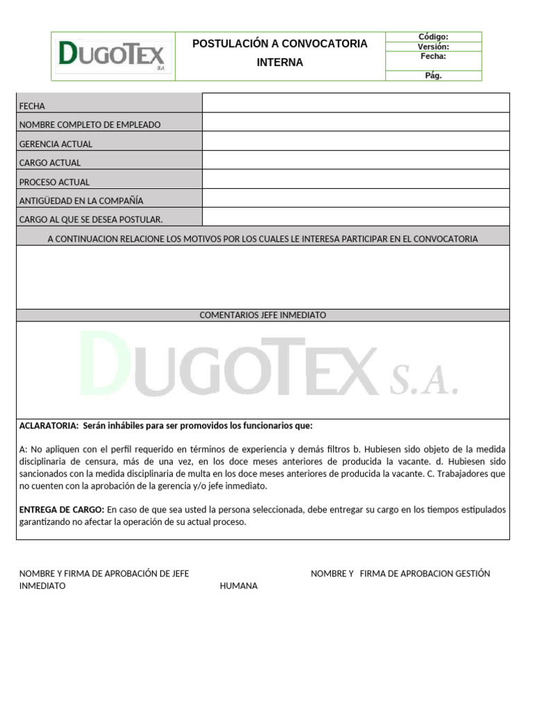 Postulación a convocatoria interna | PDF