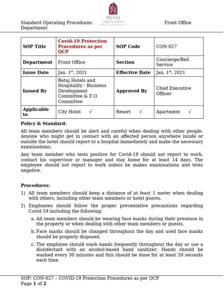 (CON-027) Concierge - Covid-19 Protection Procedures As Per QCP | PDF ...