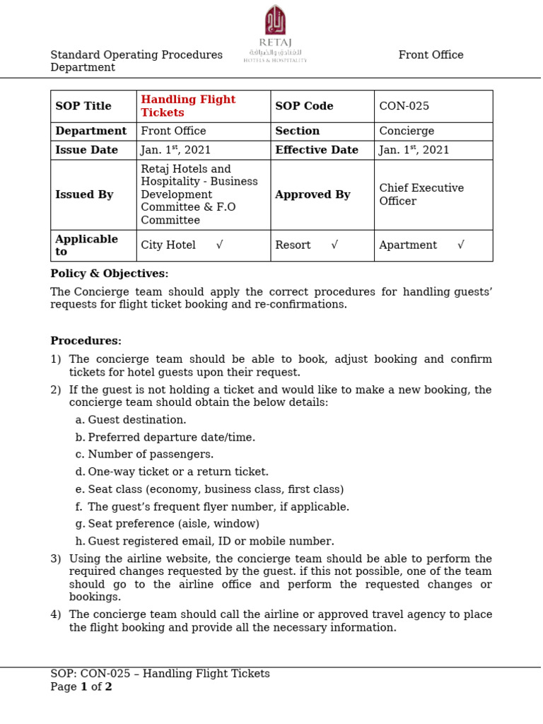 Flight Ticket Handling SOP for Concierge | PDF | Airlines | Transport