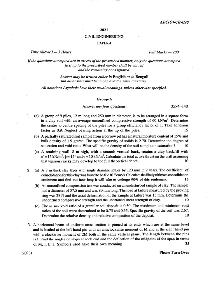 WBCS Main Examination 2020 Optional Civil Engineering Question Paper 1 ...