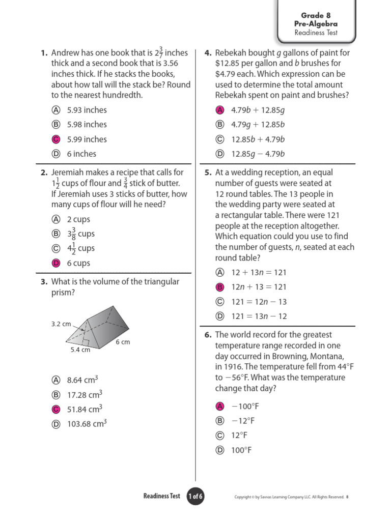 Grade 8 Readiness Test_ Answer Key | PDF