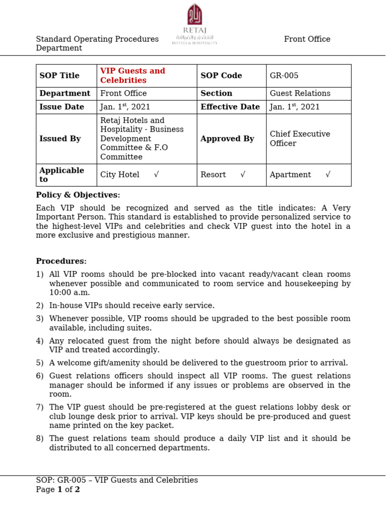 VIP Guest Service SOP for Hotels | PDF | Hospitality Industry