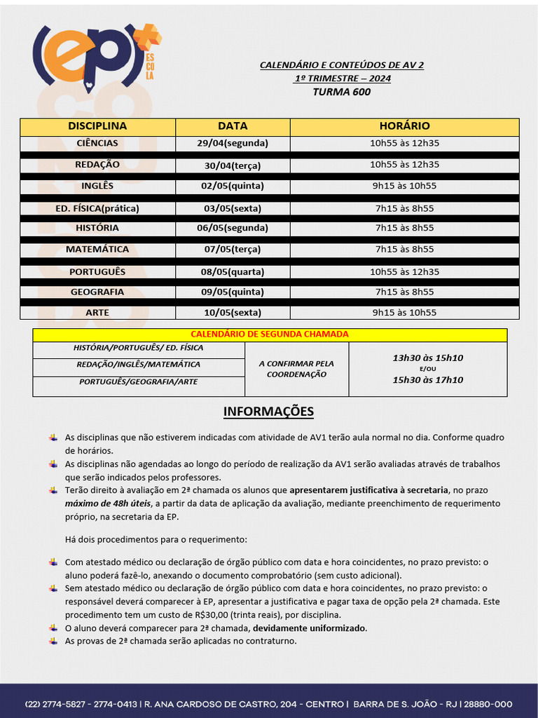 Conteúdo e Calendário AV2 - 600 - 1º TRI | PDF