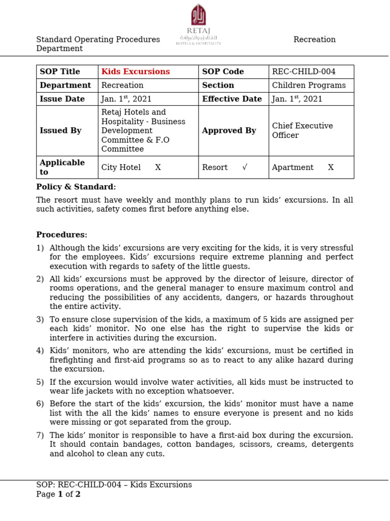 (REC-CHILD-004) Children Programs - Kids Excursions | PDF | Safety ...