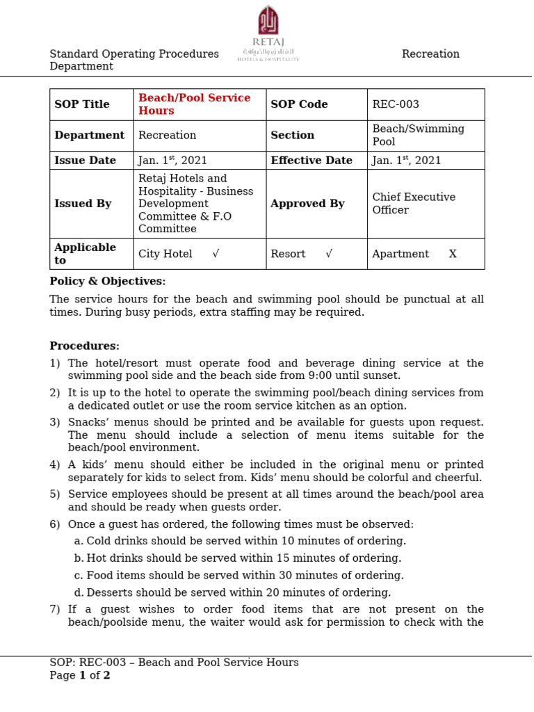 Beach and Pool Service SOP Guidelines | PDF | Menu | Hospitality Industry