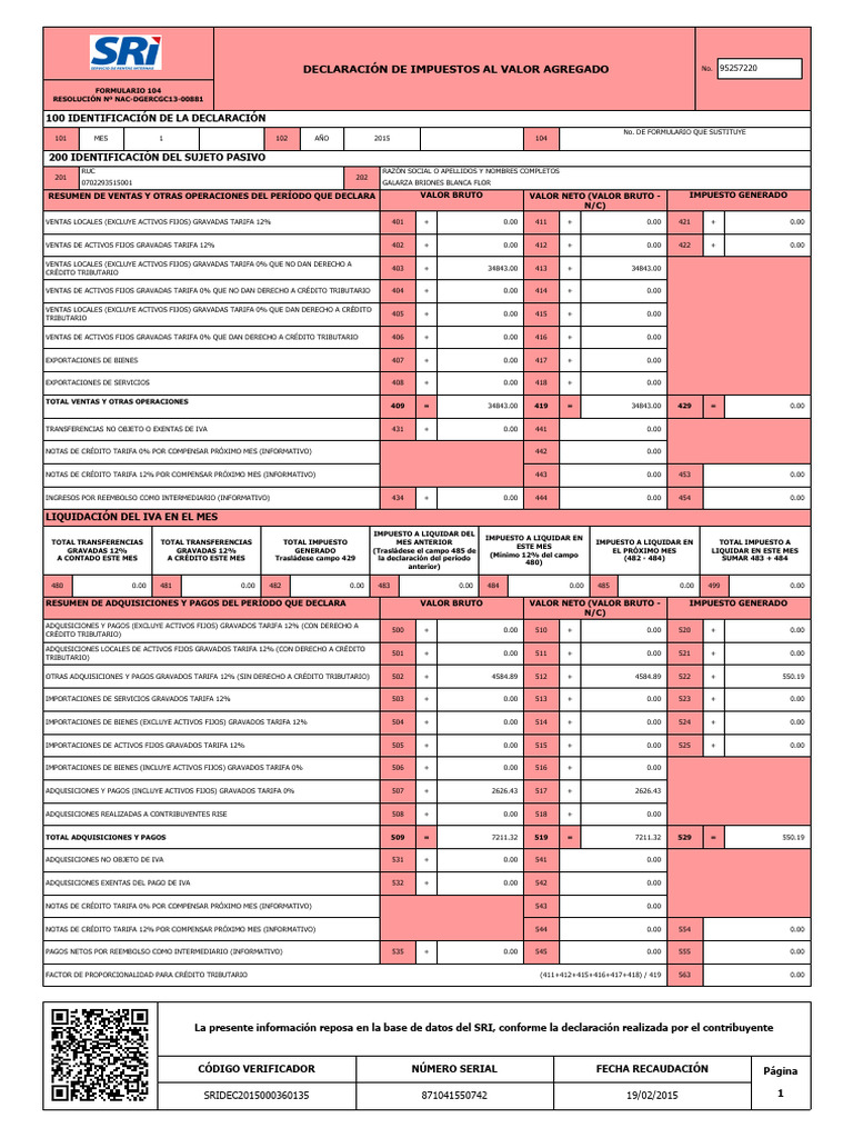 Declaración IVA Formulario 104 2015 | PDF | Impuesto al valor agregado | Impuestos