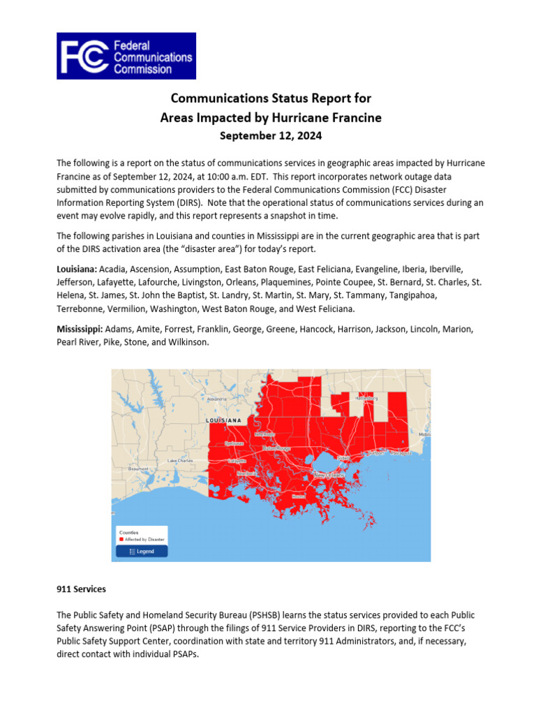 Communications Status Report For Areas Impacted by Hurricane Francine | PDF