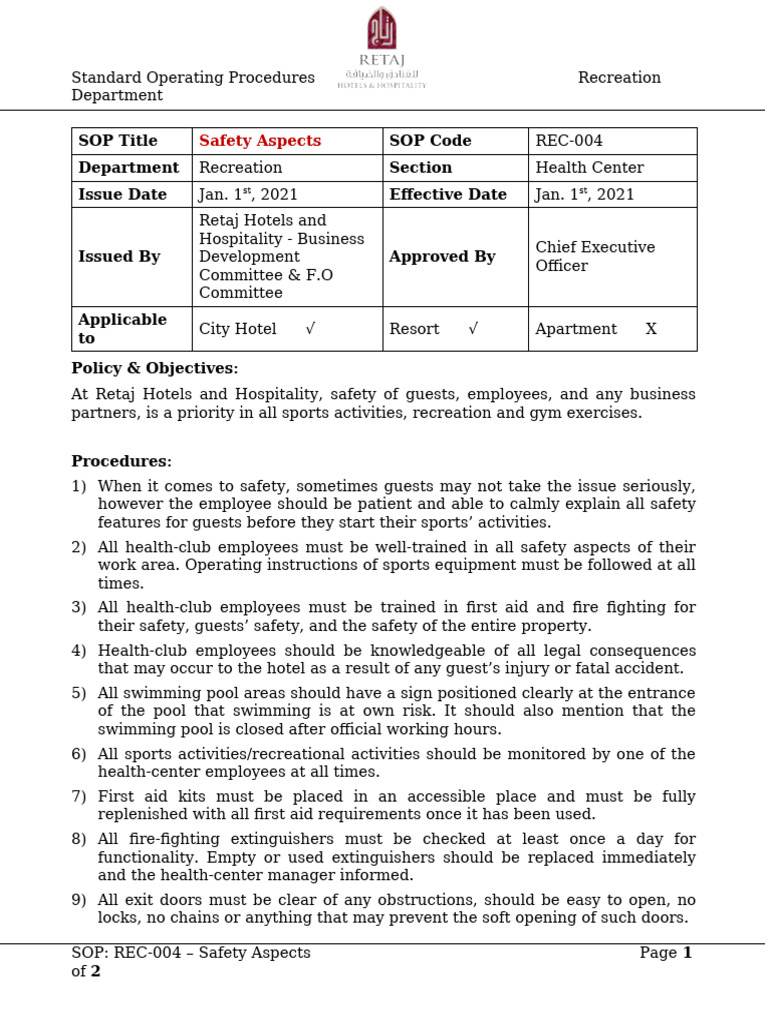 Recreation Department Safety SOPs | PDF | Safety | Technology & Engineering