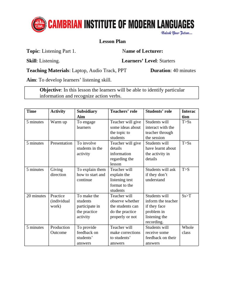 Lesson Plan Sample | PDF