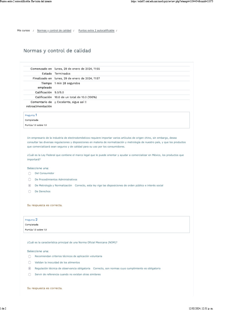 Puntos Extra 2 Autocalificable - Revisión Del Intento | PDF ...