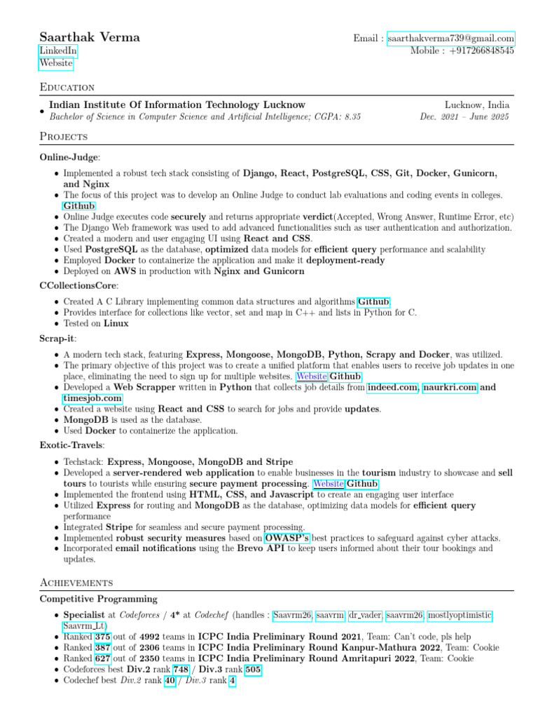 Saarthak Verma - Resume | PDF | Databases | Computers