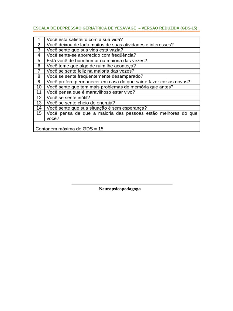Escala de Depressão Geriátrica de Yesavage - Versão Reduzida (Gds-15) | PDF