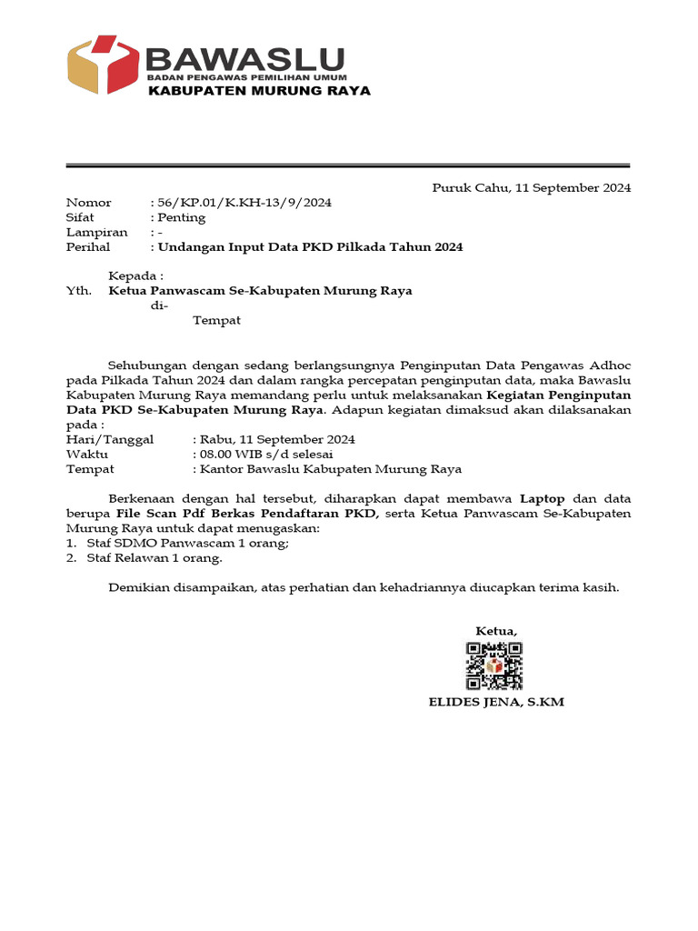 Undangan Kegiatan Bawaslu Dalam Rangka Penginfutan Data PKD Pada ...