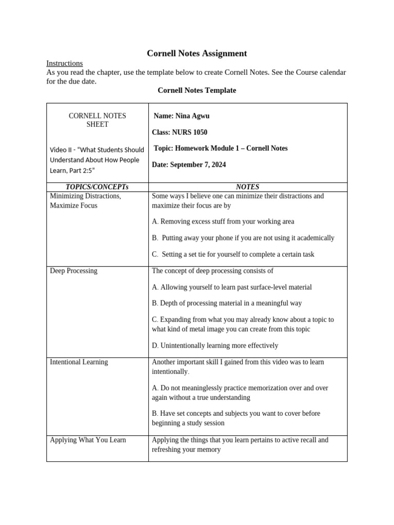 NURS 1050 - Module 1 Homework (Cornell Notes) | PDF