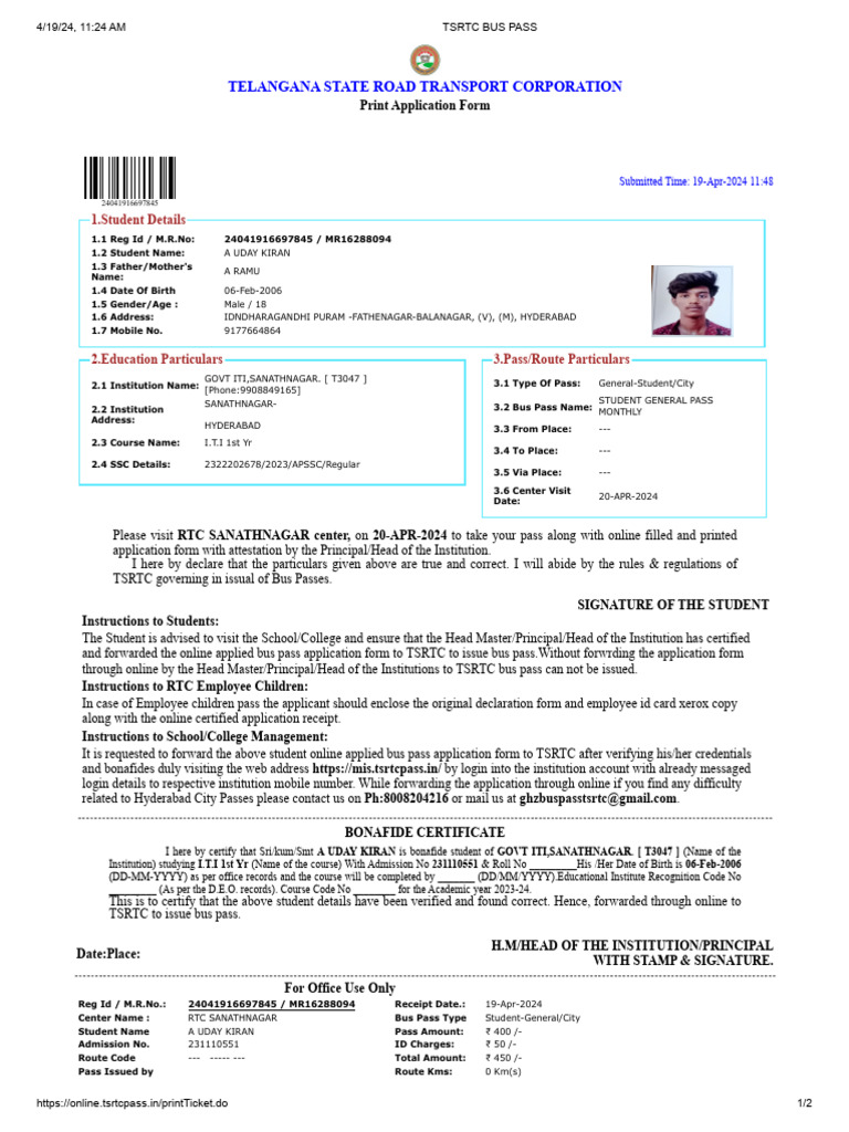 TSRTC Bus Pass | PDF
