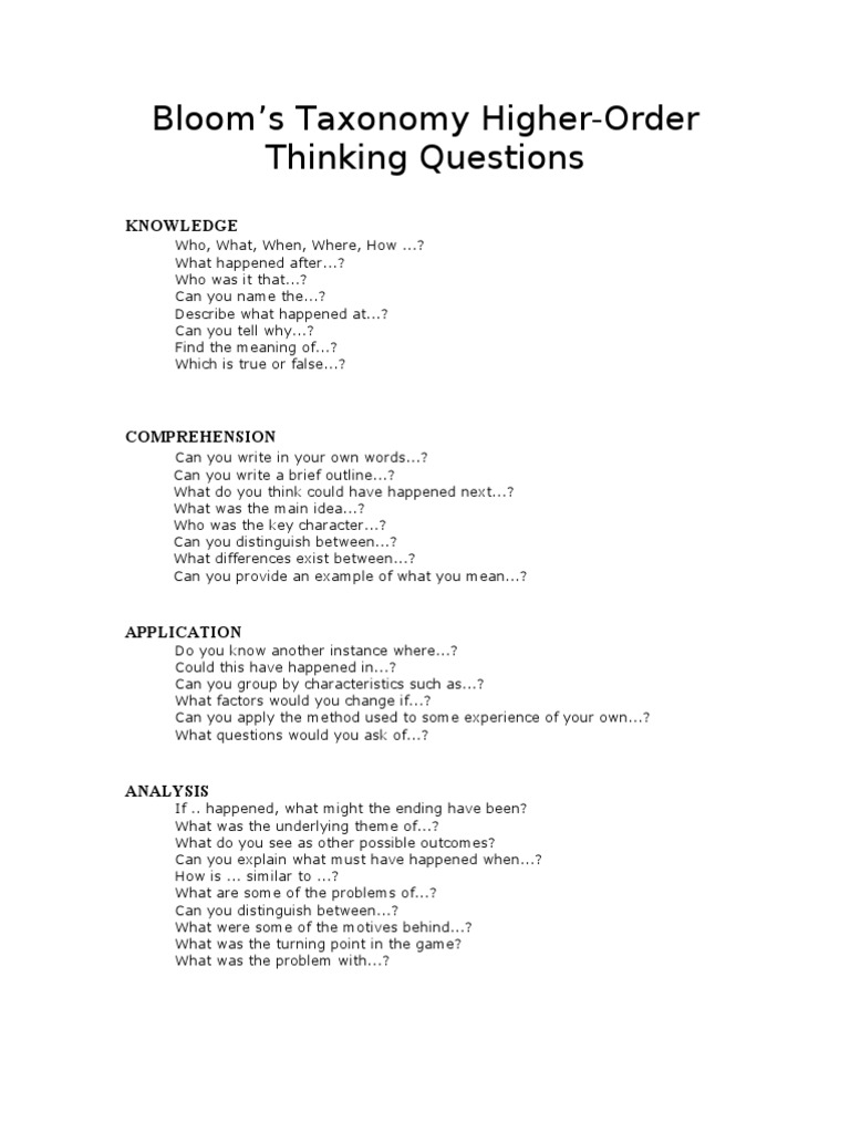 Bloom's Taxonomy Question Guide | PDF | Self-Improvement | Science ...