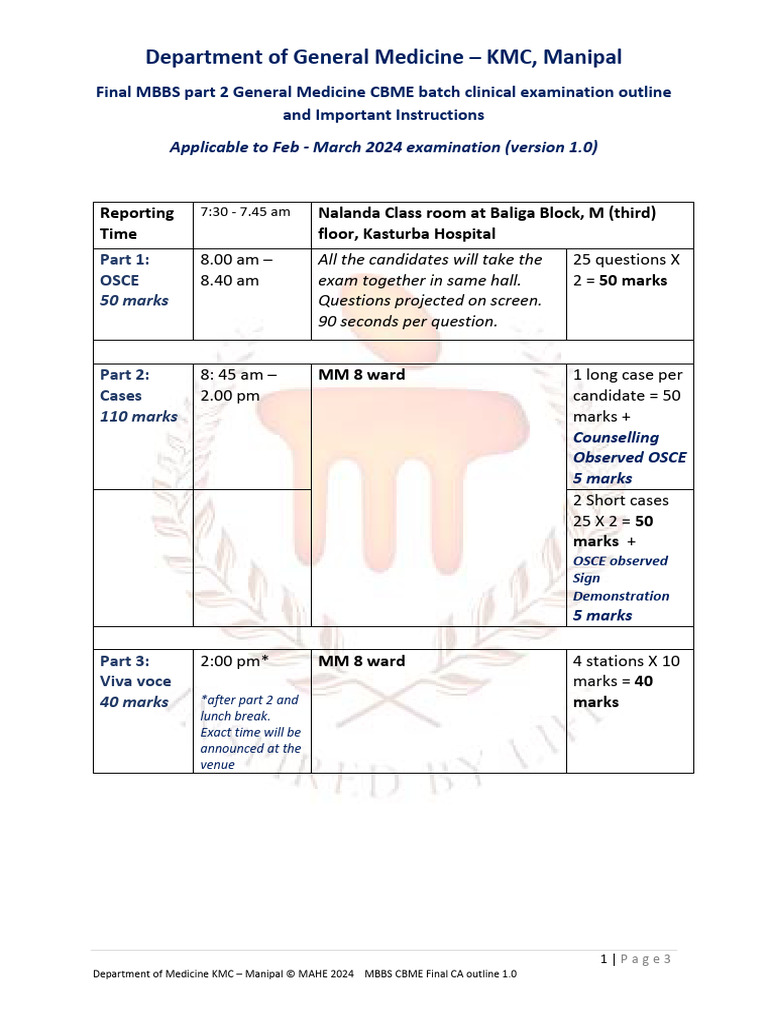 Feb 2024 CBME MBBS Clinical Exam Outline and Instructions | PDF