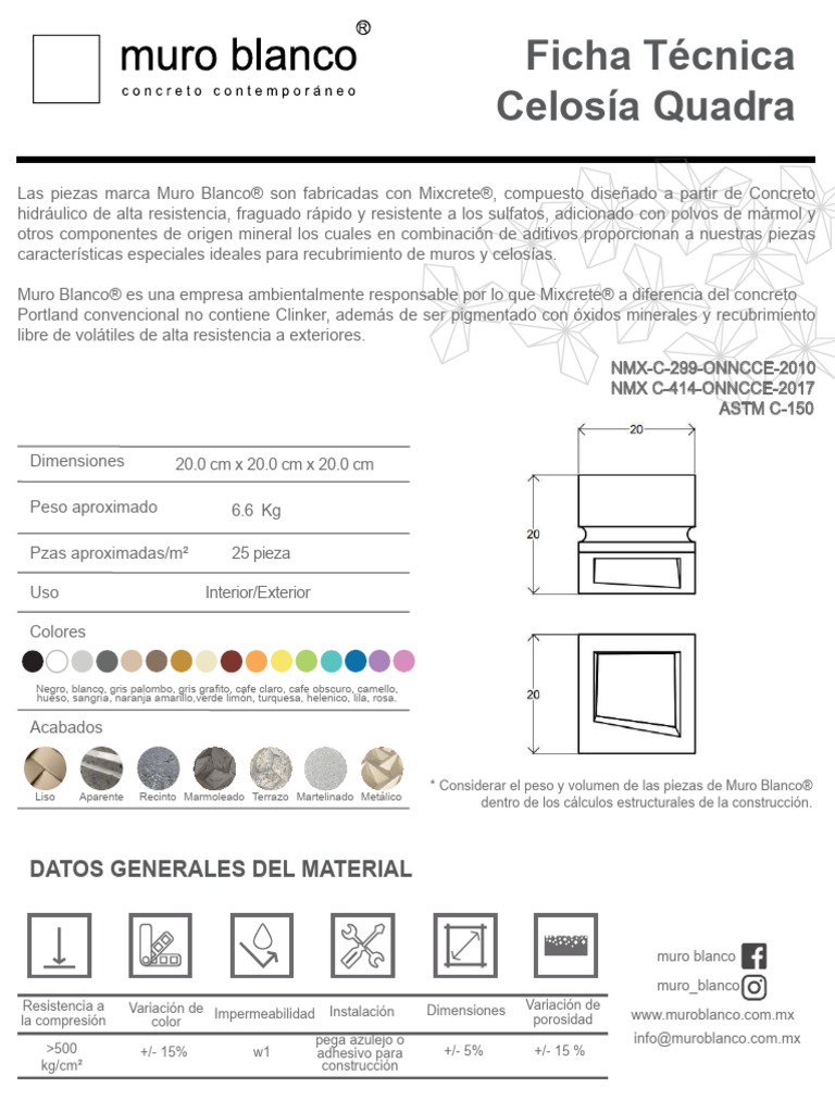 Celosia de Concreto Modelo Quadra Ficha - Tecnica Muro - Blanco | PDF