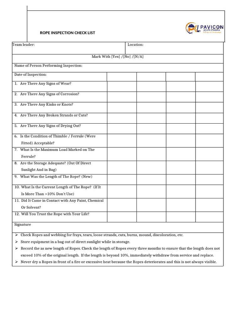Rope Inspection Check List | PDF