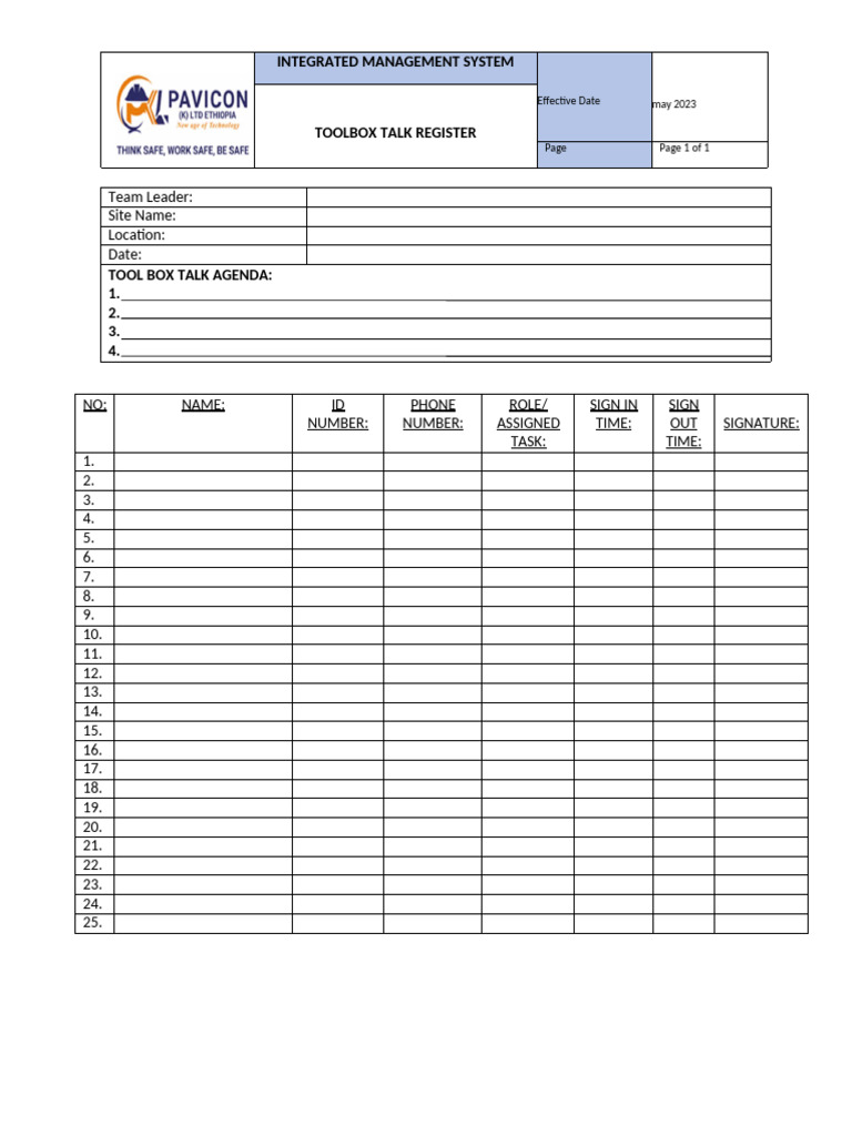 Toolbox Talk Register | PDF