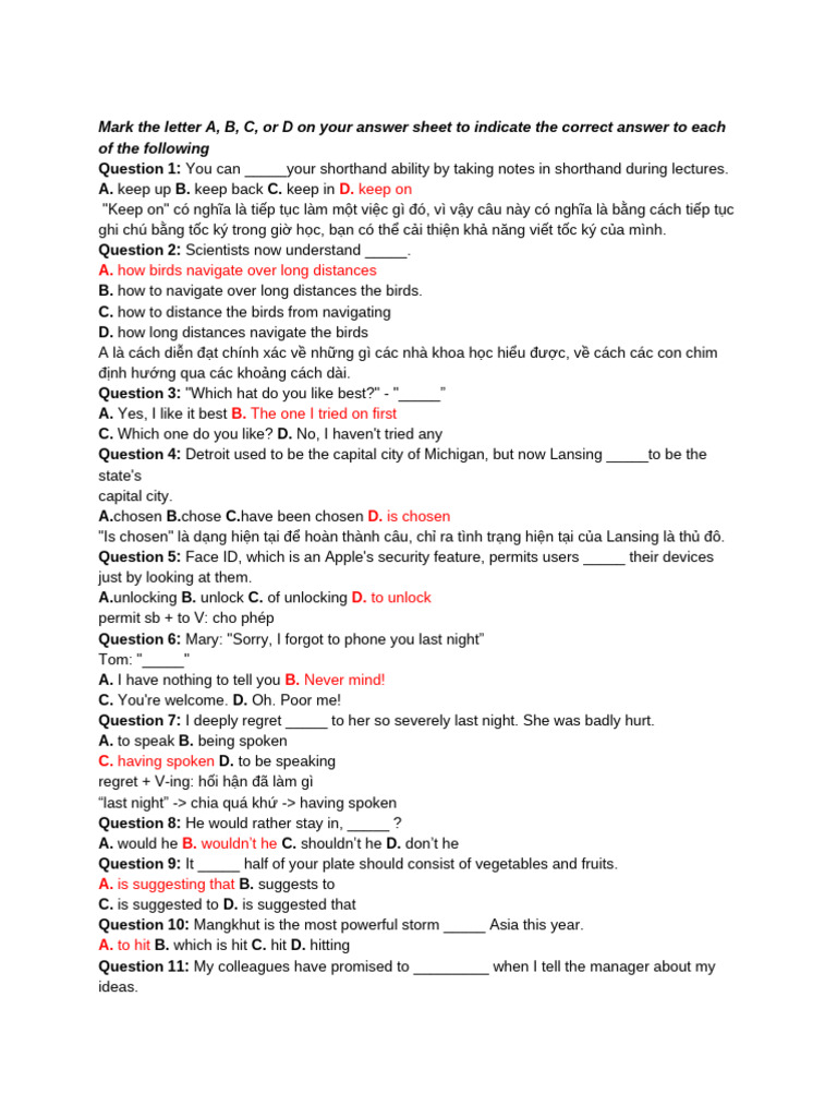 Keep On: Mark The Letter A, B, C, or D On Your Answer Sheet To Indicate The Correct Answer To ...