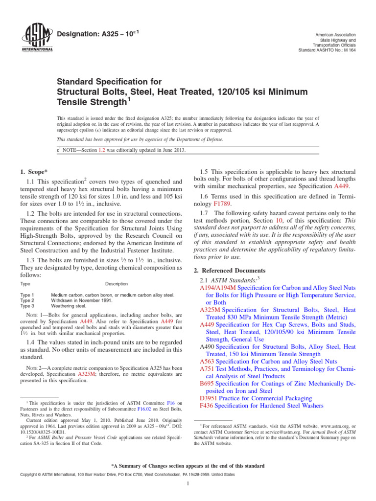 Structural Bolts, Steel, Heat Treated, 120/105 Ksi Minimum Tensile ...
