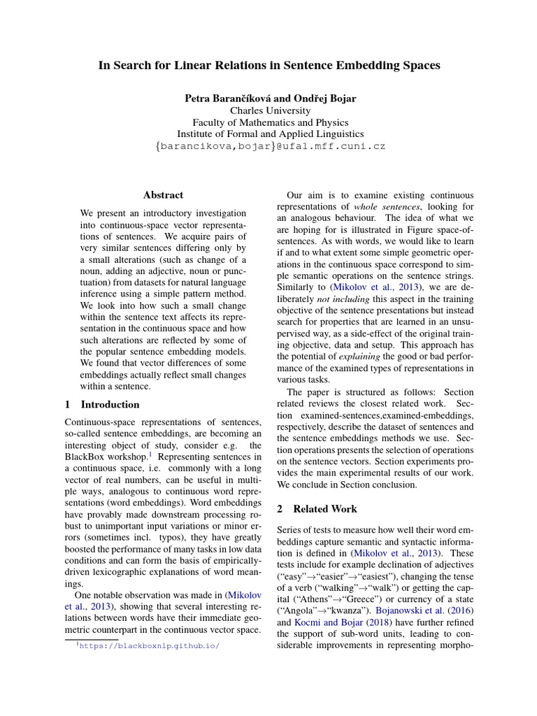 In Search For Linear Relations in Sentence Embedding Spaces: Petra ...